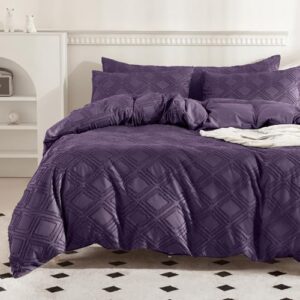 jellymoni duvet cover king size - purple microfiber tufted duvet cover set, boho textured duvet cover jacquard rhombus geometric pattern duvet cover with corner ties & zipper closure