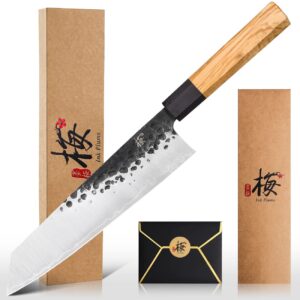 ink plums 9 inch kitchen kiritsuke chef knife, high carbon stainless steel with professional hand forged cooking knife, (olivewood handle & gift box)