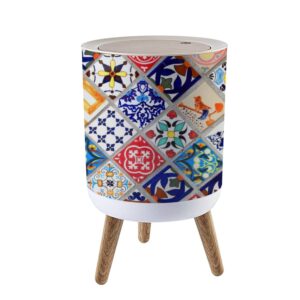 phaibhkerp small trash can with lid colorful mexican talavera ceramic tiles wall background garbage bin round waste bin press cover dog proof wastebasket for kitchen bathroom living room 1.8 gallon