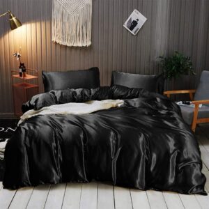 rico bedding 100% pure silk satin duvet with fitted sheet set 4pcs, silk satin fitted sheet 15'' deep pocket,silk satin duvet cover,silk satin pillowcases set !!!(queen black)