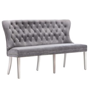 udax velvet bench with back, upholstered armless couch settee with button tufted backrest nailhead around, light grey