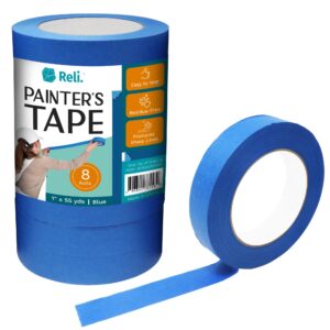 reli. painter's tape, blue | 8 rolls bulk | 1" x 55 yards per roll (440 yards total) | blue tape/painters tape 1 inch wide | paint tape for walls, glass, wood trim, multi-surface | painting/masking