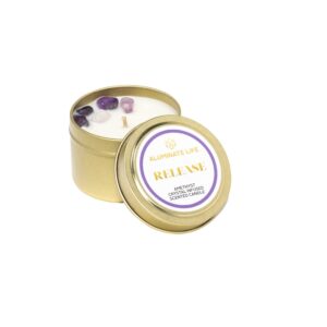 aluminate life luxury candle tin, 4 oz, release - amethyst crystal infused - scents of lavender, bergamot, & frankincense - relieve, support, & transform - coconut wax, essential oils, dr. developed