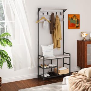 HOMEKOKO Coat Rack Shoe Bench, Hall Tree Entryway Storage Bench, Wood Look Accent Furniture with Metal Frame, 3-in-1 Design (Black & Greige)