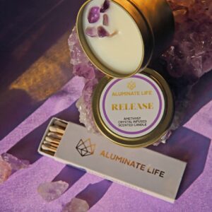 Aluminate Life Luxury Candle Tin, 4 OZ, Release - Amethyst Crystal Infused - Scents of Lavender, Bergamot, & Frankincense - Relieve, Support, & Transform - Coconut Wax, Essential Oils, Dr. Developed