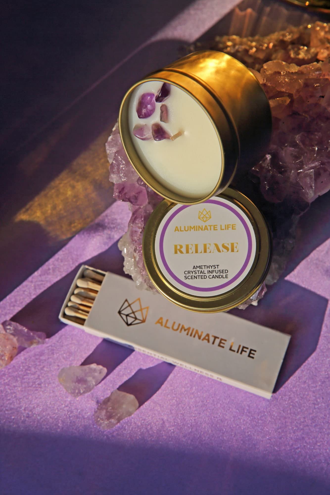 Aluminate Life Luxury Candle Tin, 4 OZ, Release - Amethyst Crystal Infused - Scents of Lavender, Bergamot, & Frankincense - Relieve, Support, & Transform - Coconut Wax, Essential Oils, Dr. Developed