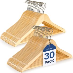 topia hanger wooden hangers 30 pack, natural wood clothes hangers, durable coat hanger with 360-degree rotatable hook, non-slip pants bar and shoulder notches for camisole tops-ct34n30