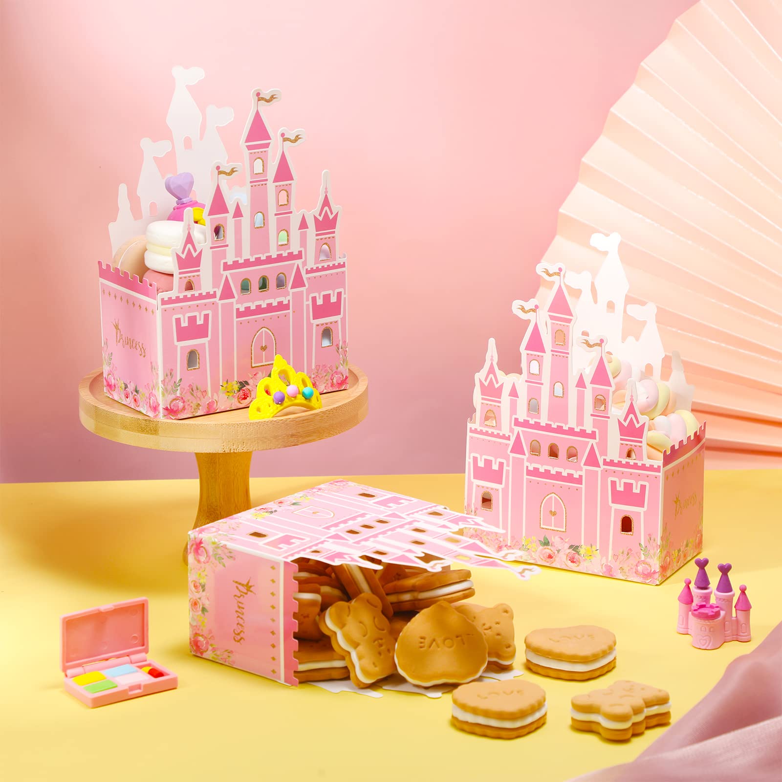 24 Pieces Castle Party Favor Pink Gold Box Little Princess Candy Treat Boxes Cardboard Goodies Present Cookies Boxes for Kids Birthday Baby Shower Wedding Party Decorations 6.4 x 2.4 x 4.1 Inches