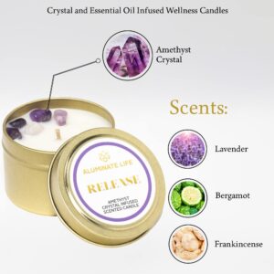 Aluminate Life Luxury Candle Tin, 4 OZ, Release - Amethyst Crystal Infused - Scents of Lavender, Bergamot, & Frankincense - Relieve, Support, & Transform - Coconut Wax, Essential Oils, Dr. Developed