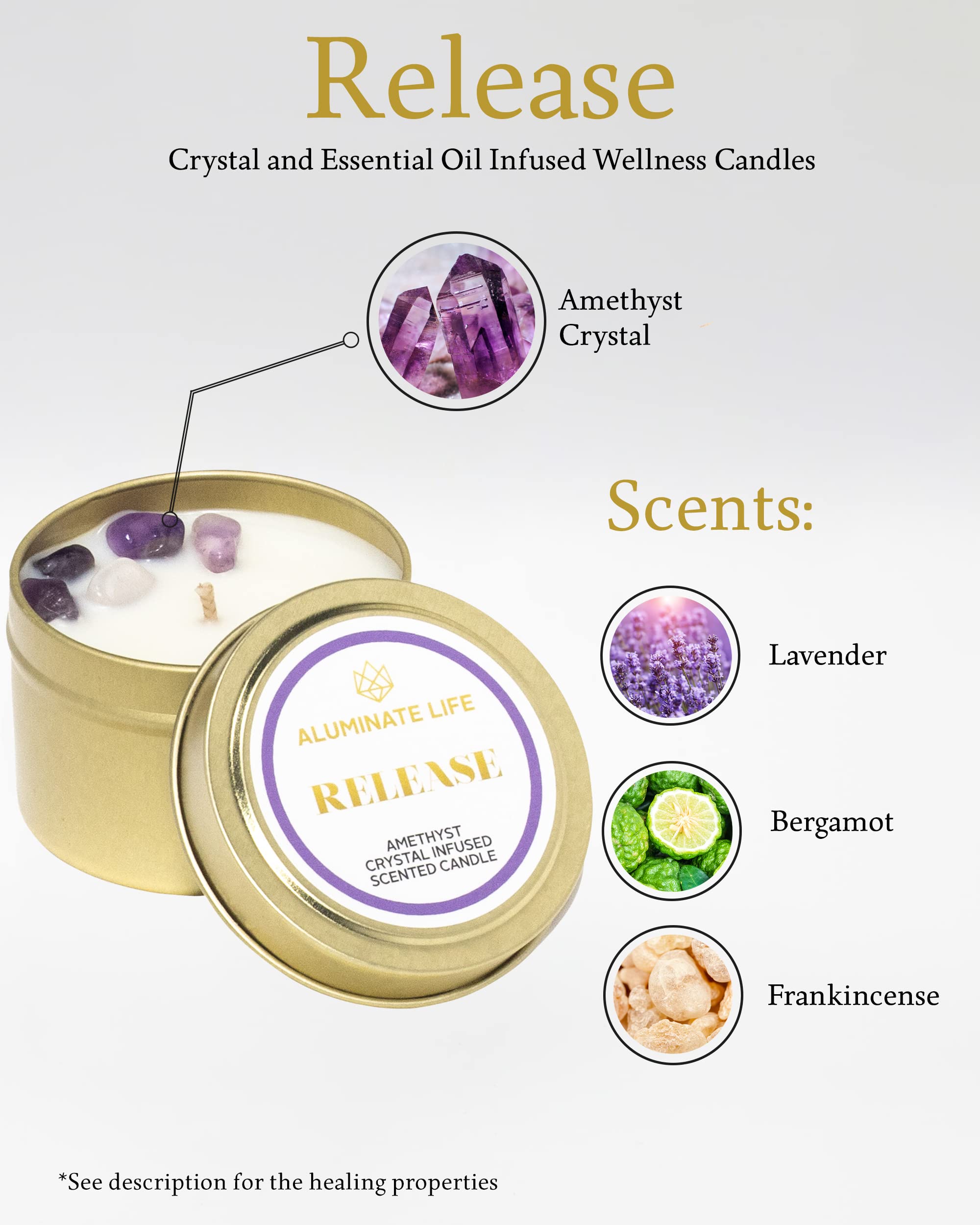 Aluminate Life Luxury Candle Tin, 4 OZ, Release - Amethyst Crystal Infused - Scents of Lavender, Bergamot, & Frankincense - Relieve, Support, & Transform - Coconut Wax, Essential Oils, Dr. Developed