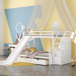 harper & bright designs bunk bed with slide and stairs twin over full bunk beds wood frame with storage drawers for kids boys girls teens, white