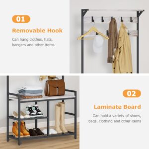 HOMEKOKO Coat Rack Shoe Bench, Hall Tree Entryway Storage Bench, Wood Look Accent Furniture with Metal Frame, 3-in-1 Design (Black & Greige)