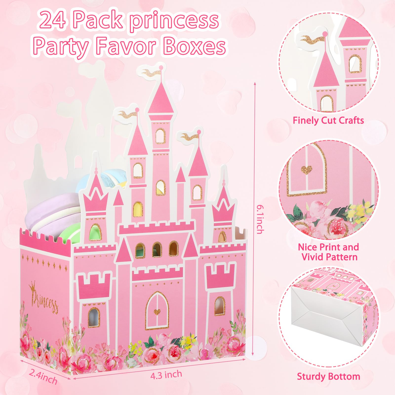 24 Pieces Castle Party Favor Pink Gold Box Little Princess Candy Treat Boxes Cardboard Goodies Present Cookies Boxes for Kids Birthday Baby Shower Wedding Party Decorations 6.4 x 2.4 x 4.1 Inches