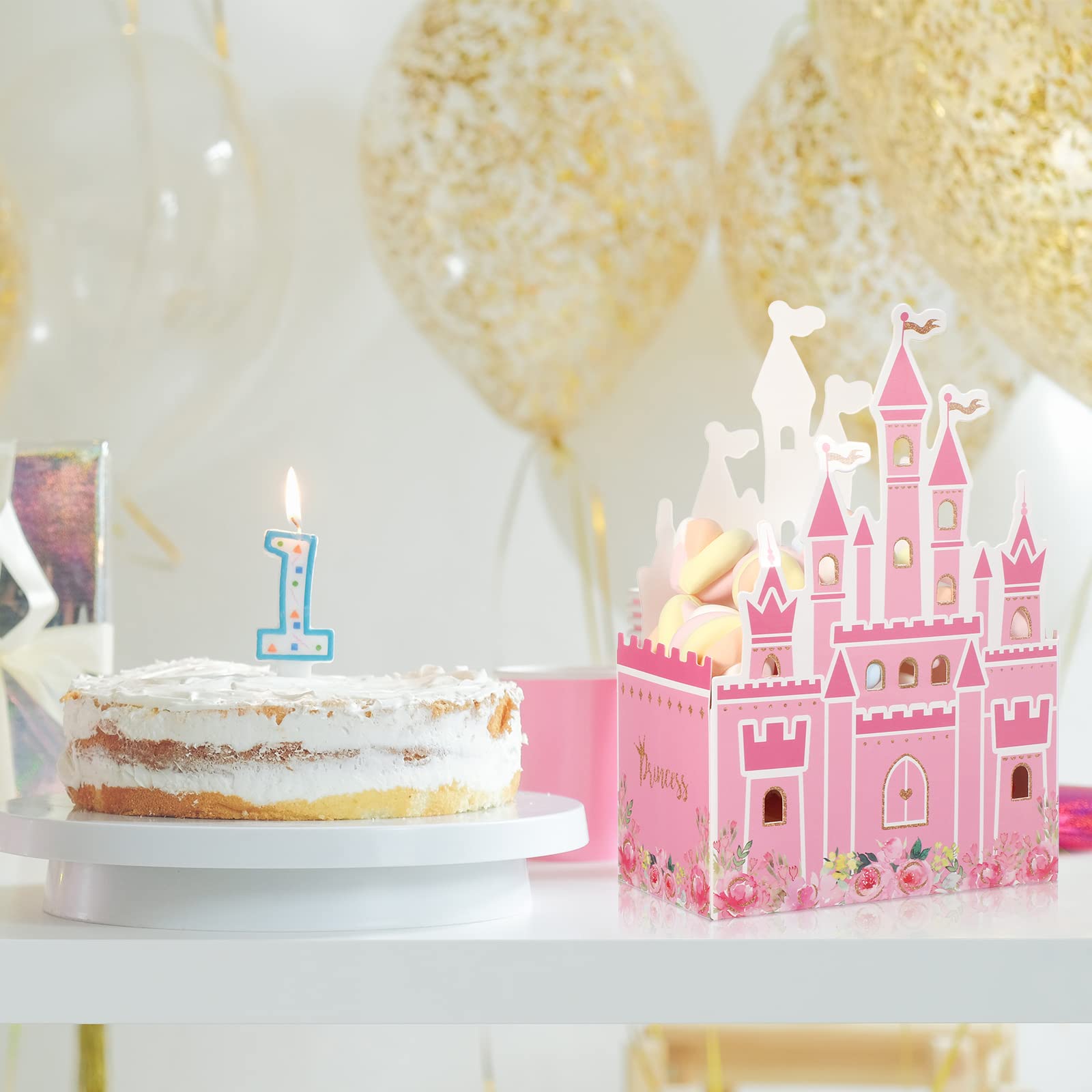 24 Pieces Castle Party Favor Pink Gold Box Little Princess Candy Treat Boxes Cardboard Goodies Present Cookies Boxes for Kids Birthday Baby Shower Wedding Party Decorations 6.4 x 2.4 x 4.1 Inches