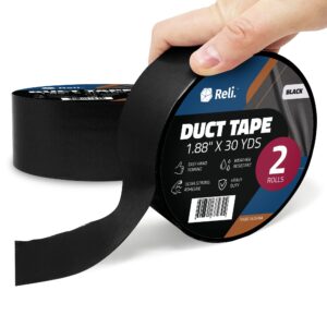 reli. duct tape, black | 1.88" x 60 yards total (2 rolls, 30 yds each) | heavy duty duct tape - waterproof, tear by hand |black duct tape for repairs, construction, bundles, piping,box sealing (black)