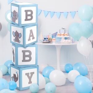 epakh 4 pcs elephant baby boxes for baby shower decoration with 4 pcs baby shower party boxes elephant printed baby blocks for baby boy shower, happy birthday decorations, gender reveal party(blue)