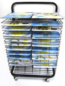 joymaney art drying rack - mobile metal art storage rack with extra large 25 removable shelves, art organizer for kids, art studio organization and storage, artwork storage, craft room