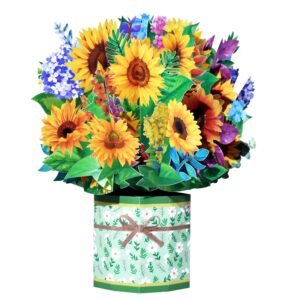 sunflower 3d pop-up card, floral greeting card for mother's day, summer birthdays, friendship day, graduation, sunflower bouquet card for mom, grandma, wife, or friend, with envelope and note card