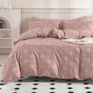 jellymoni pink duvet cover king size - microfiber tufted duvet cover set, boho textured duvet cover jacquard rhombus geometric pattern duvet cover with corner ties & zipper closure