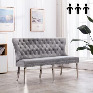 loulens 65'' upholstered velvet settee bench 3 seater, modern tufted banquette bench with back, accent loveseat sofa with stainless steel leg for dining, living room (gery)