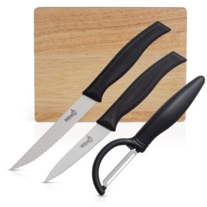 slitzer germany cutting board and knife set - german stainless steel 3.5 inch paring knife, 4.5 inch utility knife, vegetable peeler, 8x6 inch wooden chopping board