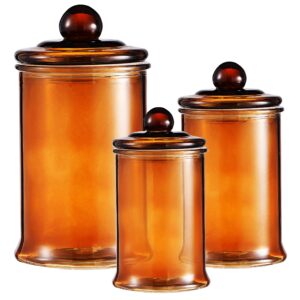 kmwares 3pcs set small glass premium quality apothecary jars with lids bathroom accessories vanity organizer canisters for cotton balls/swabs, makeup sponges, bath salts, q-tips(brown jar)