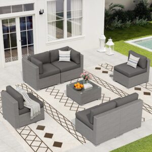 betterland 7 piece outdoor sectional sofa patio furniture set, all-weather pe grey wicker patio conversation set with washable cushion and glass table(grey cushions)