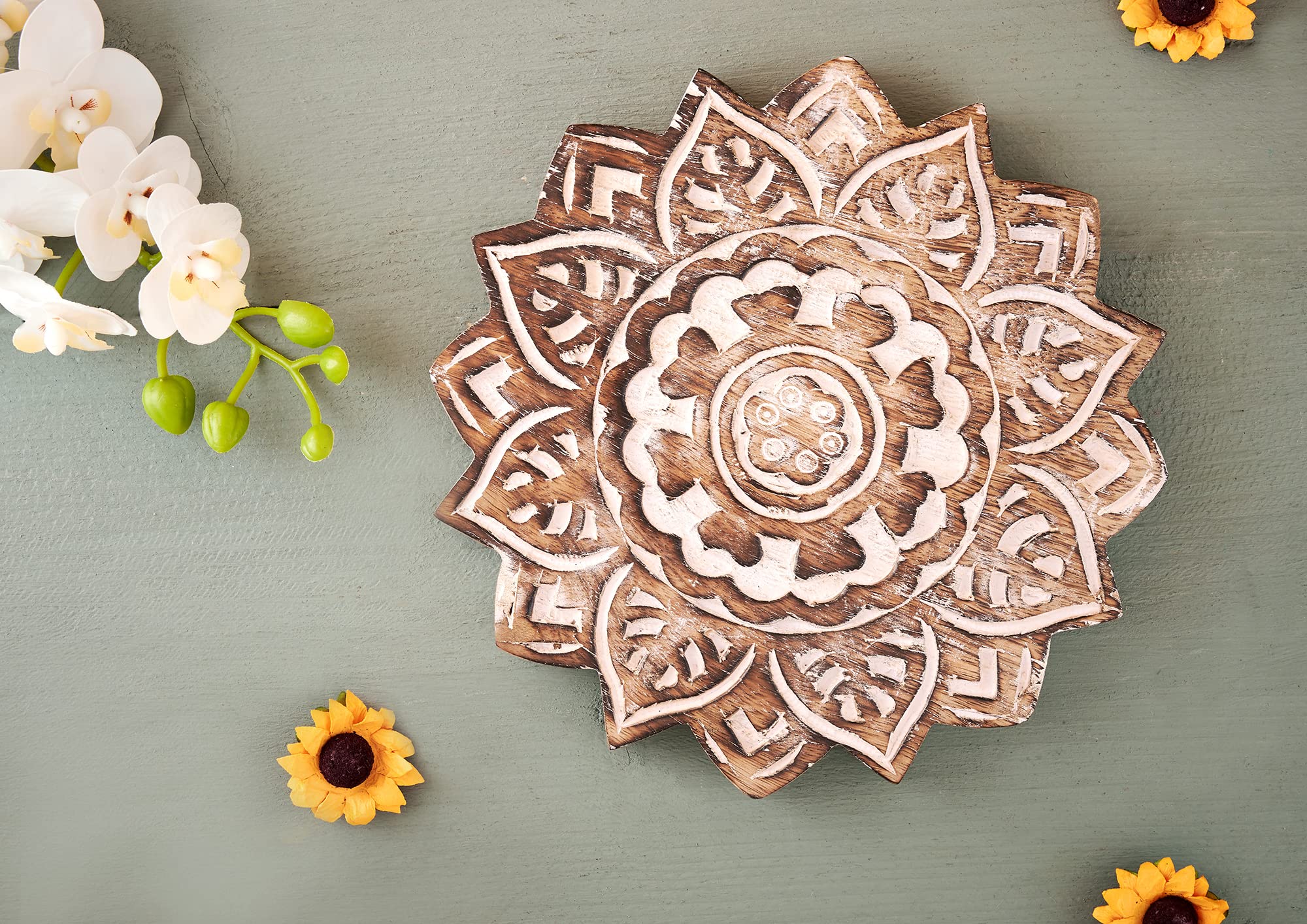 Set of 2 Wooden Trivets for Hot Dishes Pots and Pans Tea Pot Holders Nonslip Heat Resistant Kitchen Counter Accessories 8" Diameter Mandala Design (Design 2)