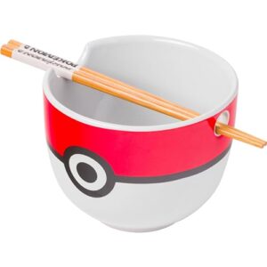 silver buffalo pokemon pokeball ceramic ramen noodle bowl with chopsticks, microwave safe, 20 ounces