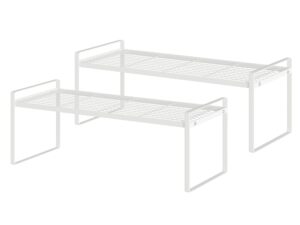 2 pack stackable kitchen cabinet shelf organizer rack – countertop storage for pantry, bathroom, office, space saving, rust resistant, non-slip, white, 20" l x 8.25" d x 7.3" h each, 14.6" h stacked