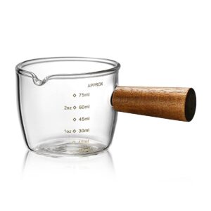 single spout espresso coffee shot glass with wood handle measuring cup triple pitcher milk cup coffee replacement carafe for barista coffee carafe milk espresso making, 75 ml (1 piece)