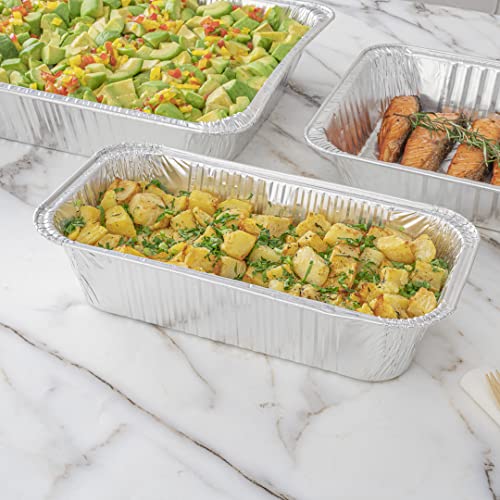 Restaurantware Foil Lux 12.5 x 6.5 Inch Loaf Foil Pans 25 Oven-Ready Foil Trays Lids Sold Separately 1/3 Third-Size 5 LB Silver Aluminum Disposable Baking Pans Freezable