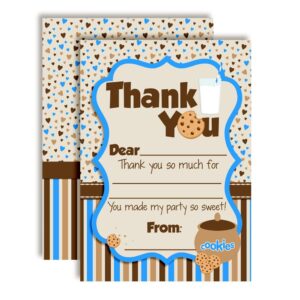 milk & cookies blue & brown birthday thank you notes, ten 4" x 5.5" fill in the blank cards with 10 white envelopes by amandacreation