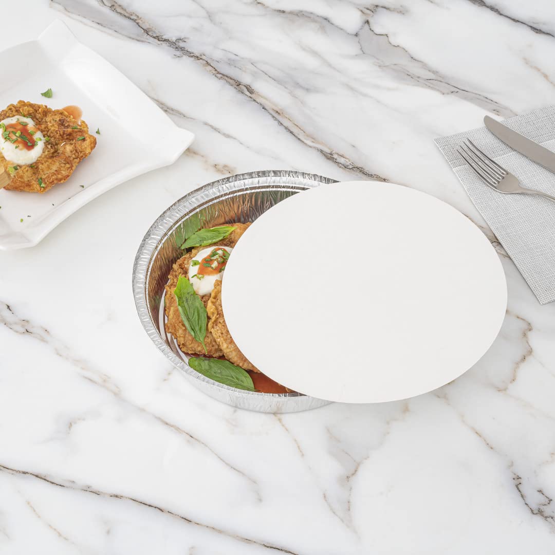 Restaurantware LIDS ONLY: Foil Lux Paper Lids For 9 Inch Aluminum Pans 100 Round Foil Board Lids - Pans Sold Separately Flat Design Foil-Laminated White Paper Lids