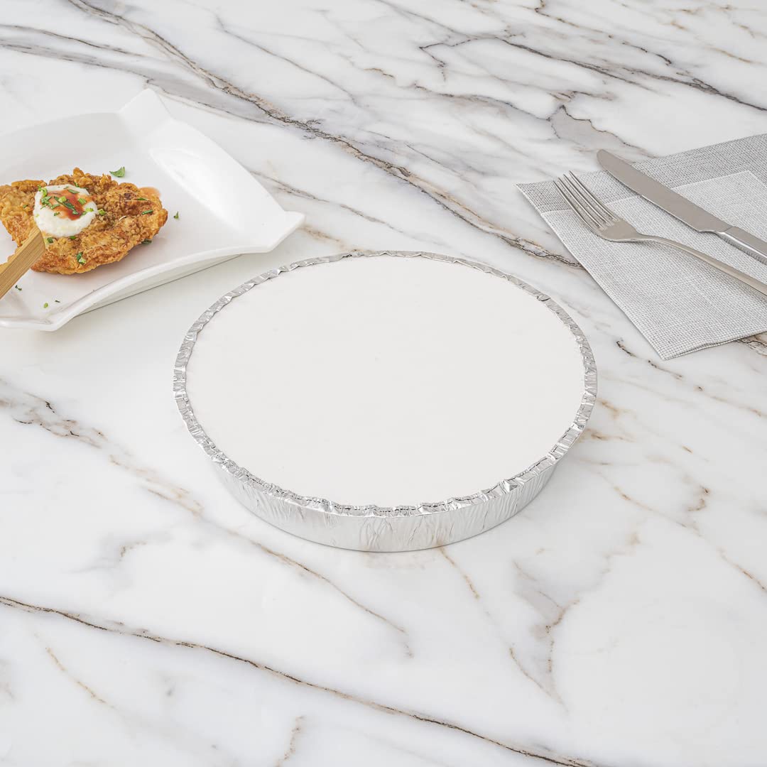 Restaurantware LIDS ONLY: Foil Lux Paper Lids For 9 Inch Aluminum Pans 100 Round Foil Board Lids - Pans Sold Separately Flat Design Foil-Laminated White Paper Lids