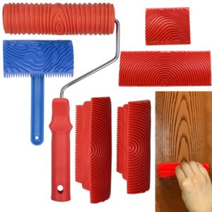 wood graining tool set, 6pcs 7" fake wood grain roller painting tool with handle diy rubber graining tool paint look like wood for wall room art paint decoration