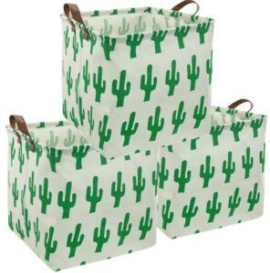 essme 3pack square storage bin,cotton fabric laundry baskets,collapsible waterproof toy storage bin with handles for family storage,shelf baskets,bedroom(3pack cactus)