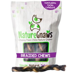 nature gnaws braided bully twists for dogs 11-12" (5 count) - long lasting for aggressive chewers and large dogs - natural beef dog chew bones