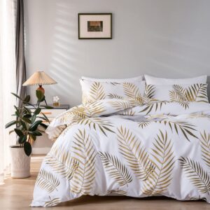 nayoroom gold leaf duvet cover queen size tropical botanical leaves printed on white bedding set soft lightweight microfiber garden farmhouse comforter covers with zipper closure corner ties