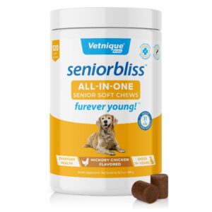 vetnique seniorbliss senior dog multivitamin with glucosamine, omega 3 fish oil, and probiotics - for dog joints, digestive and immune support for optimal health (all-in-one daily vitamin, 120ct)