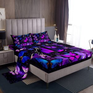 purple butterfly bed sheets deep pocket queen,mystic galaxy bed sheet set blue butterfly bedding sets for kids girls teens women,psychedelic starry sky fitted sheet aesthetics flat sheet 4 pcs