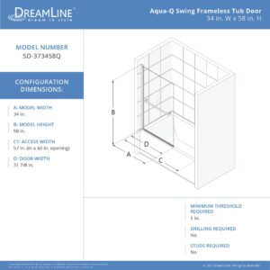 DreamLine Aqua-Q Swing 34 in. W x 58 in. H Frameless Tub Door in Brushed Nickel