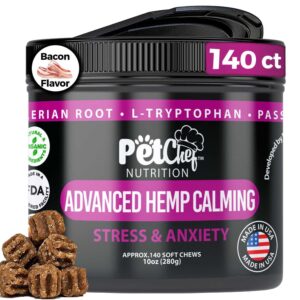 pet chef calming chews for dogs with hemp – natural dog calming chews for separation anxiety, hyperactivity, stress, and pain relief, roasted bacon flavor, pop top lid, made in usa, 140 count value