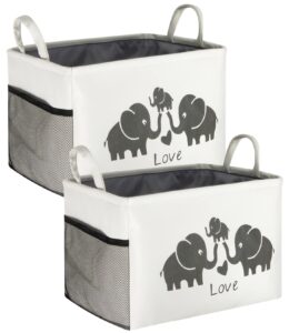 hiyagon 2 pack rectangular storage basket,canvas toys storage bin organizer,large storage box with sides mesh pockets for home,shelves,closet,bedroom(2 love elephants)