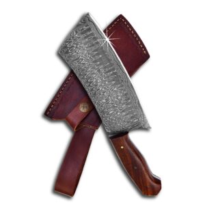 cleaver knife, butcher knife, meat knife, cleaver chef knife, meat cleaver knife, 7 inch damascus meat cleaver knife butcher knife for meat cutting with pakkawood handle & leather sheath