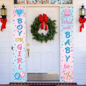 2 pcs gender reveal decorations boy or girl porch signs baby shower door banners gender reveal porch banner he or she porch signs for baby shower party decorations 70.8 x 11.8 inch