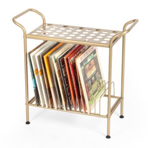 ilyapa 2-tier record player stand with vinyl storage - gold metal vinyl record stand with shelves for records - vinyl record table, record player table, vinyl stand - turntable stand with 14 slots