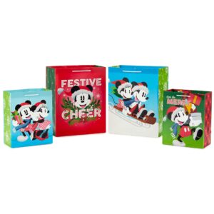 hallmark mickey and minnie christmas gift bags in assorted sizes (4 bags: 2 medium 9", 2 large 13") for kids, grandchildren, disney fans and collectors