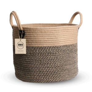 zoes homeware 14"x12" natural jute rope woven storage basket with handles for plant, blankets,toys,clothes,shoes - living room home decor,multifunctional basket for organizer,picnic,artificial tree