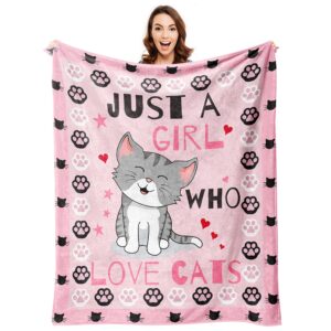 cute cat throw blanket ultra soft warm cozy lightweight microfiber blankets, just a girl who loves cats, flannel sherpa fuzzy fluffy plush throws for sofa couch bedding all season 60"x50"